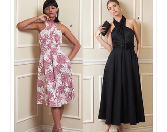 Easy Vogue Sewing Pattern for Womens Dress, Halter Neck Dress, Deep V ...