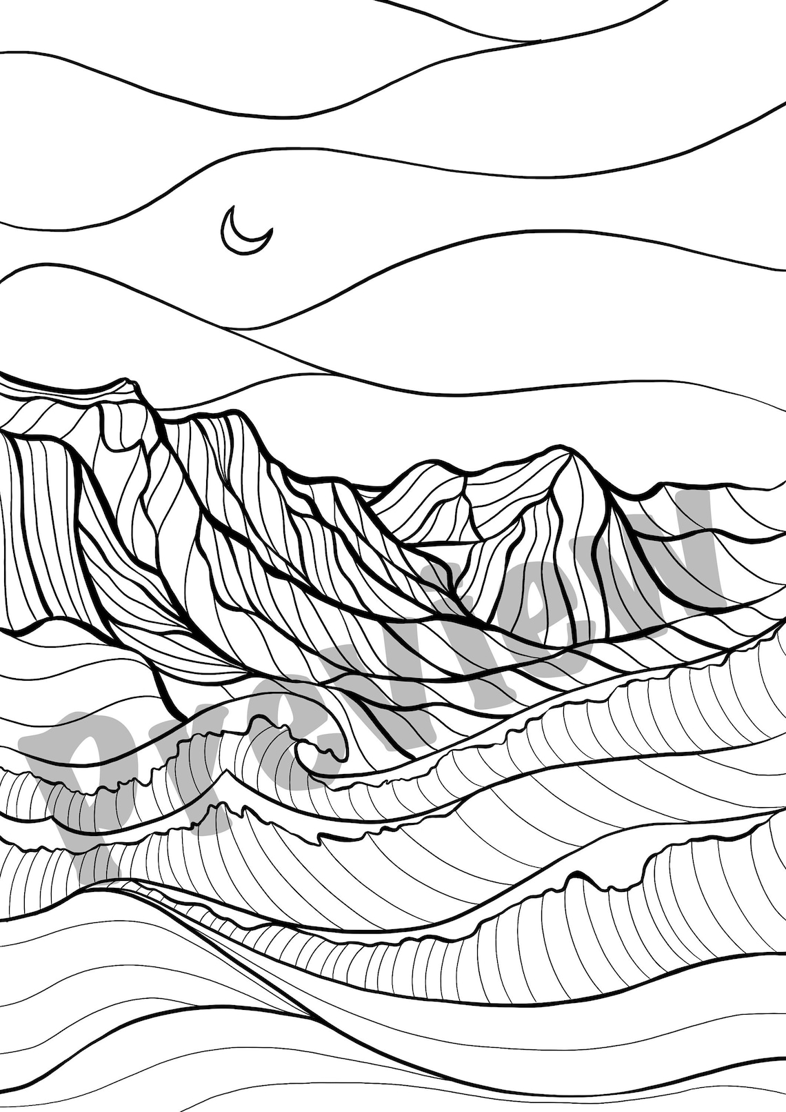 Printable Adult Coloring Page PDF Adult Mountain Landscape | Etsy