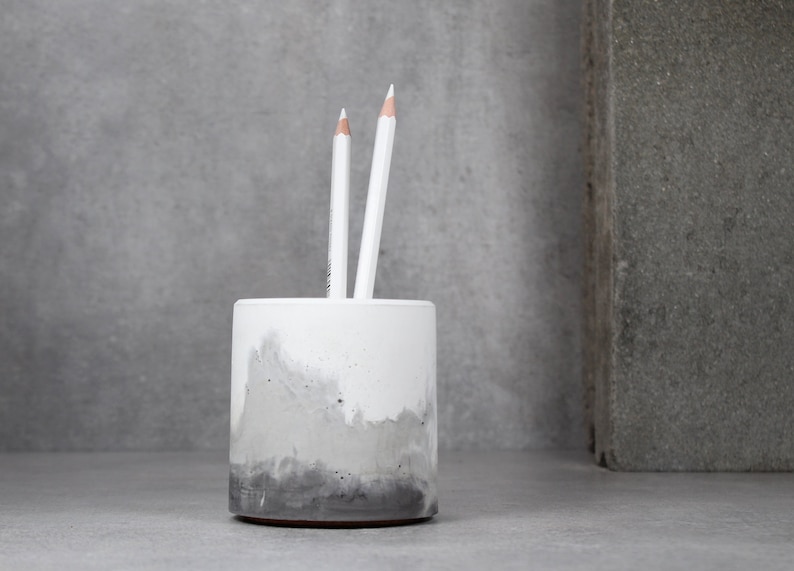 Triple Tone Concrete Desk Organizer, Marbled Effect Pen Holder, Modern ...