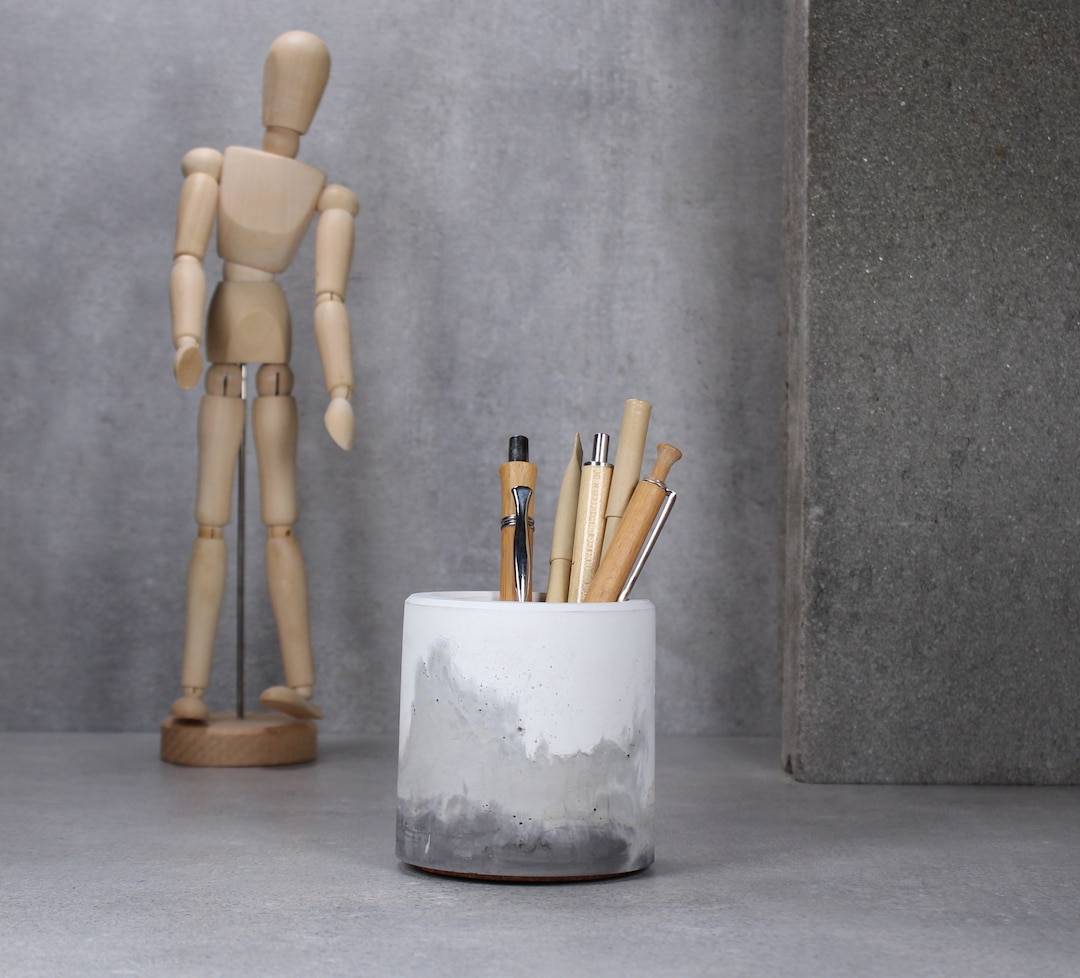 Triple Tone Concrete Desk Organizer, Marbled Effect Pen Holder, Modern ...