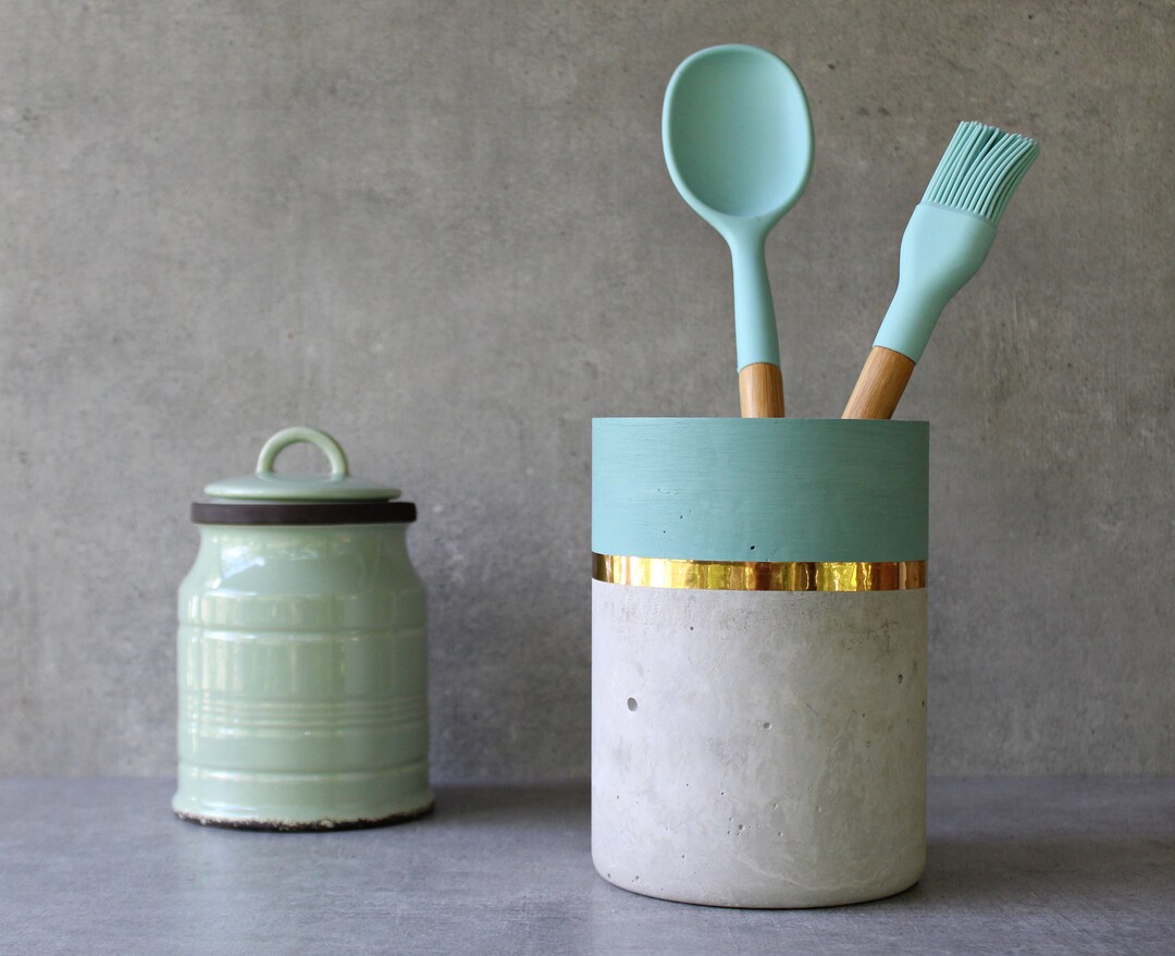 Green Gold Cement Kitchen Holder Beton Utensil Pot - Etsy