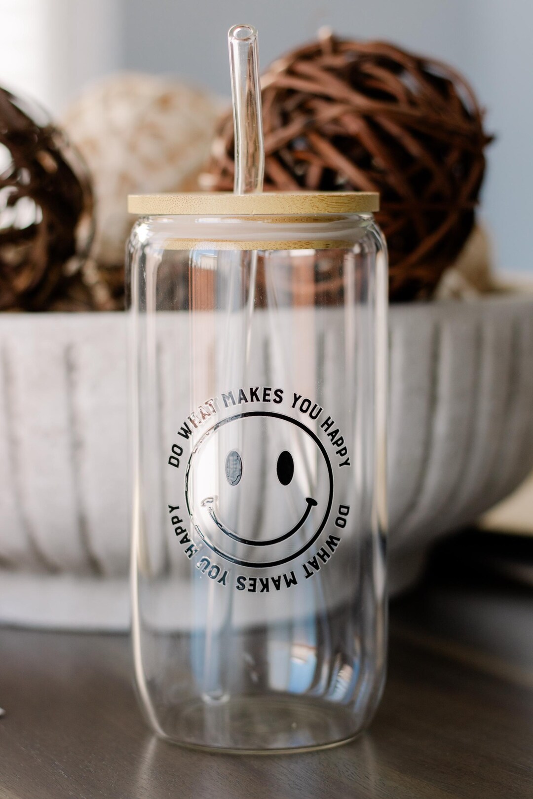 Smiley Face Glass Tumbler | With Glass Straw and Lid - Etsy