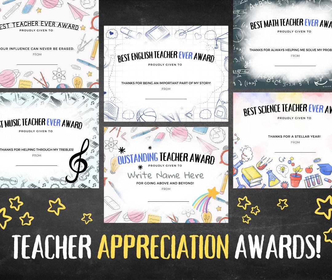 Printable Teacher Appreciation Awards, Teacher Thank You Gift, End of ...