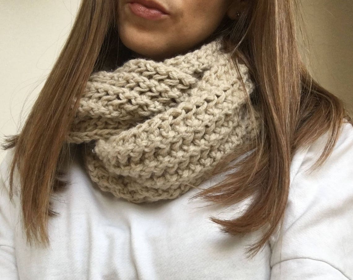 Cream Hand Knit Infinity Cowl Neck Scarf Beige Wool Chunky - Etsy