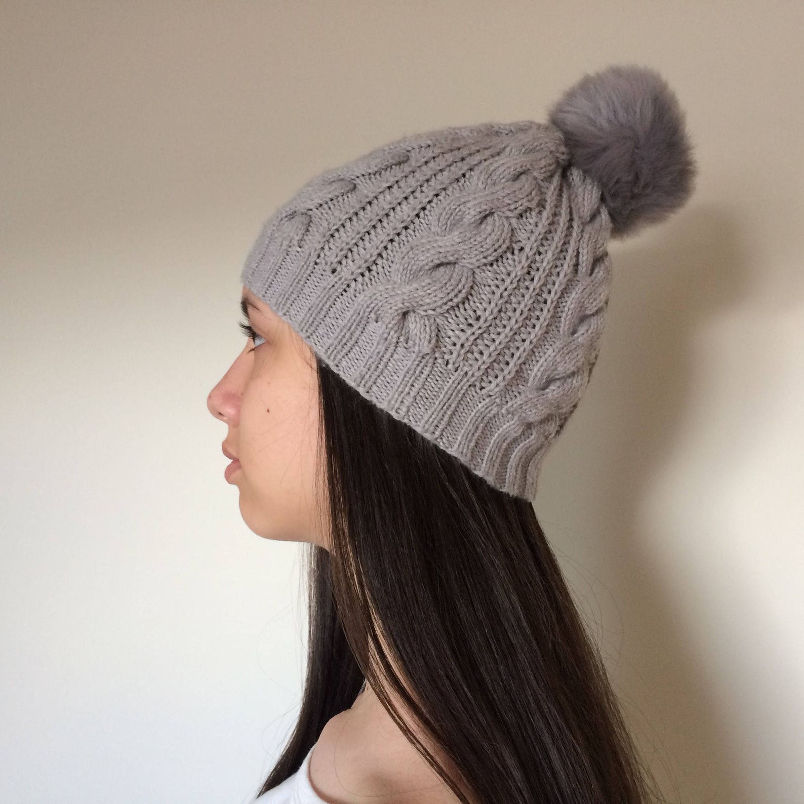 Hand Knit Beanie in Gray... Wool Hat...winter Pom Pom - Etsy