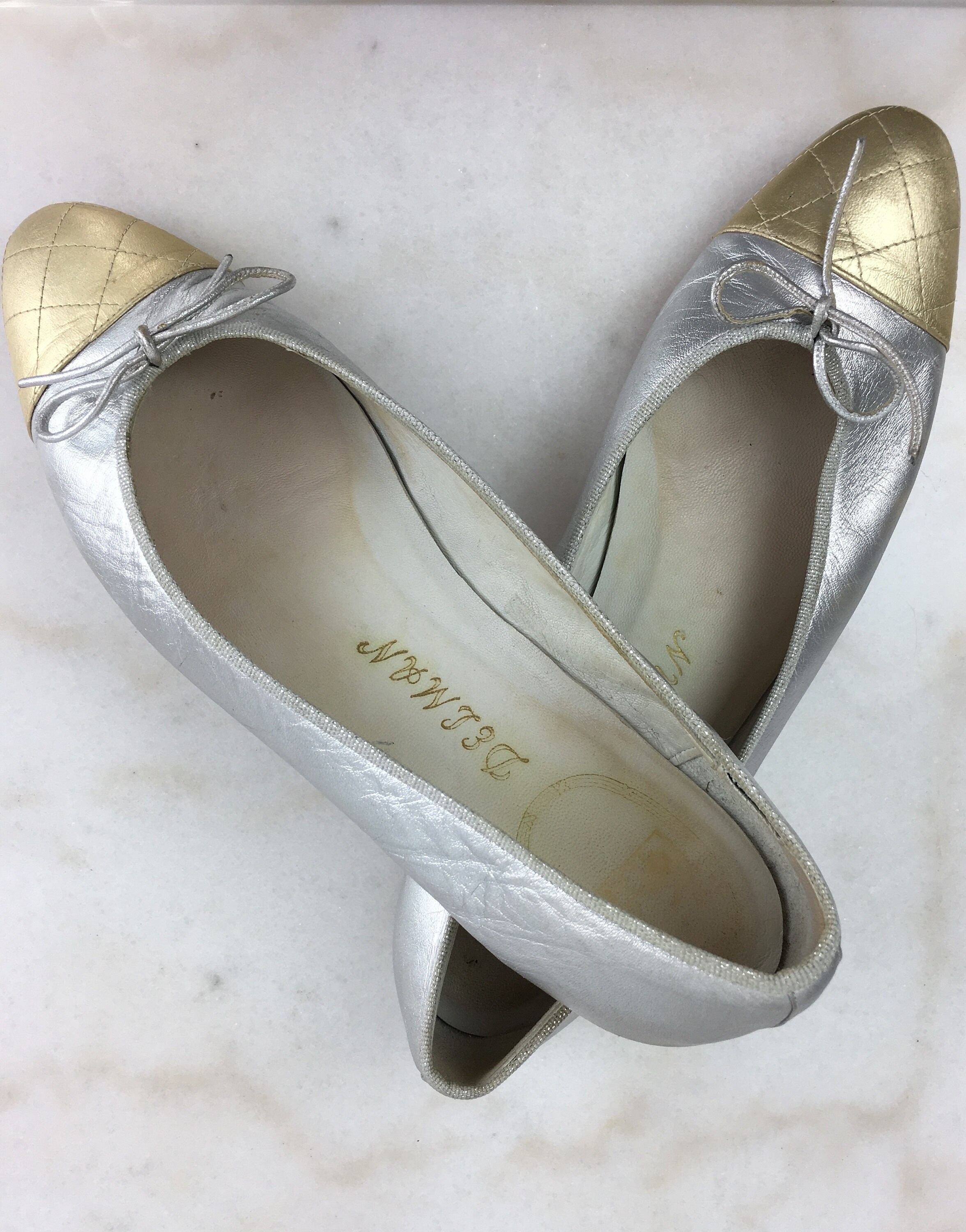 Gold and Silver Metallic Cap Toe Quilted Leather Delman Ballet Flats ...