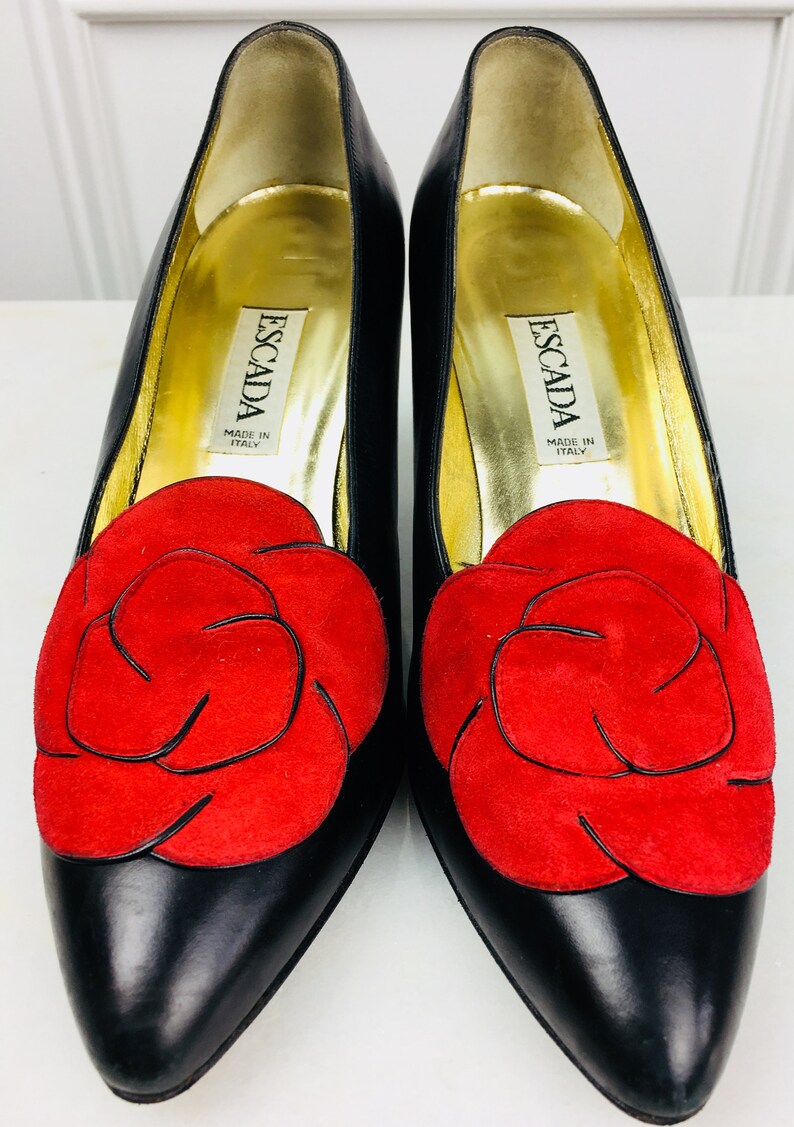 Gorgeous 1980s Escada Black Leather and Red Suede Floral Poinsettia ...