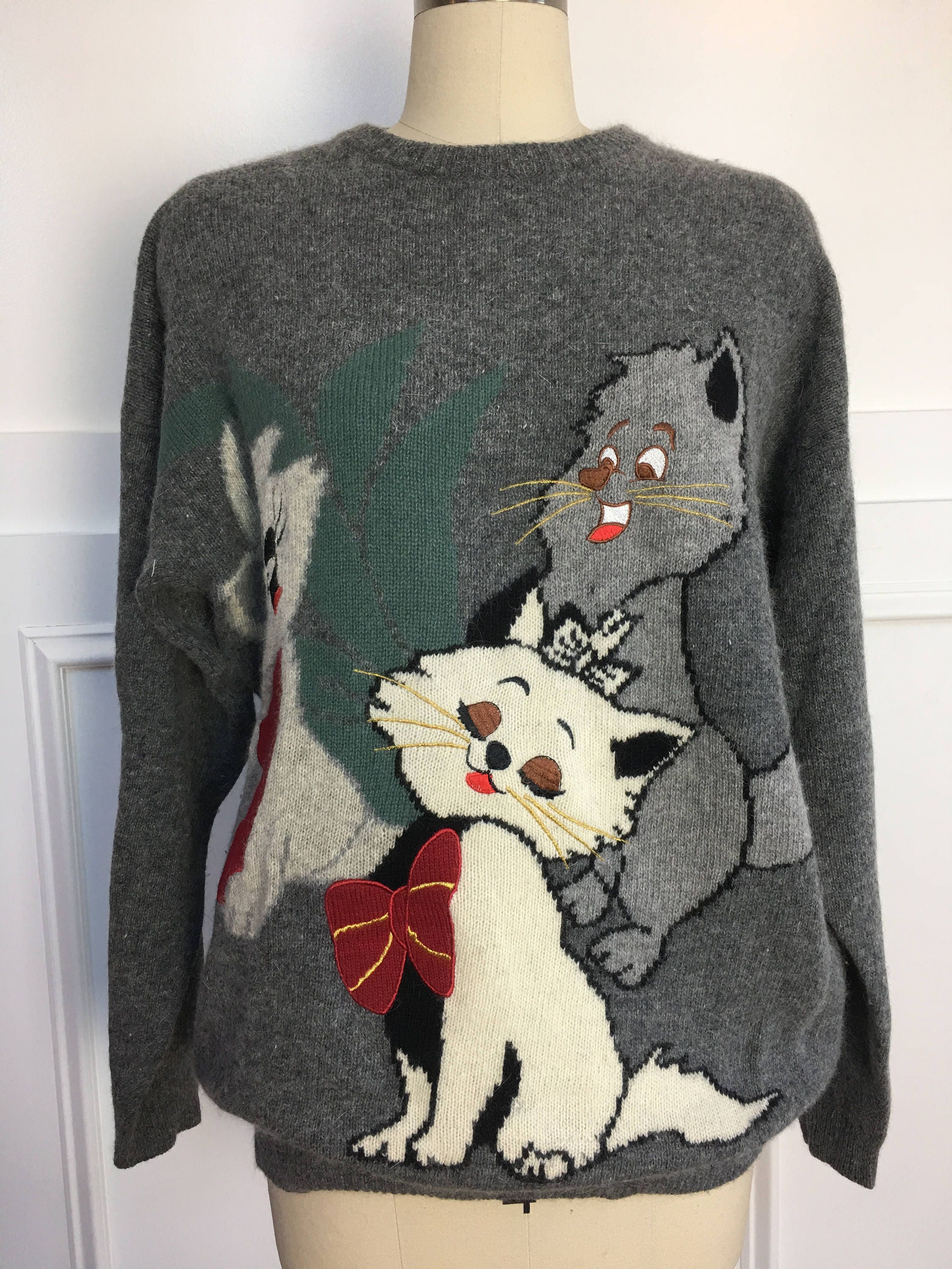 Lady Laura Adorable 1990s Gray Irish Wool Christmas Kitty Sweater Plus ...