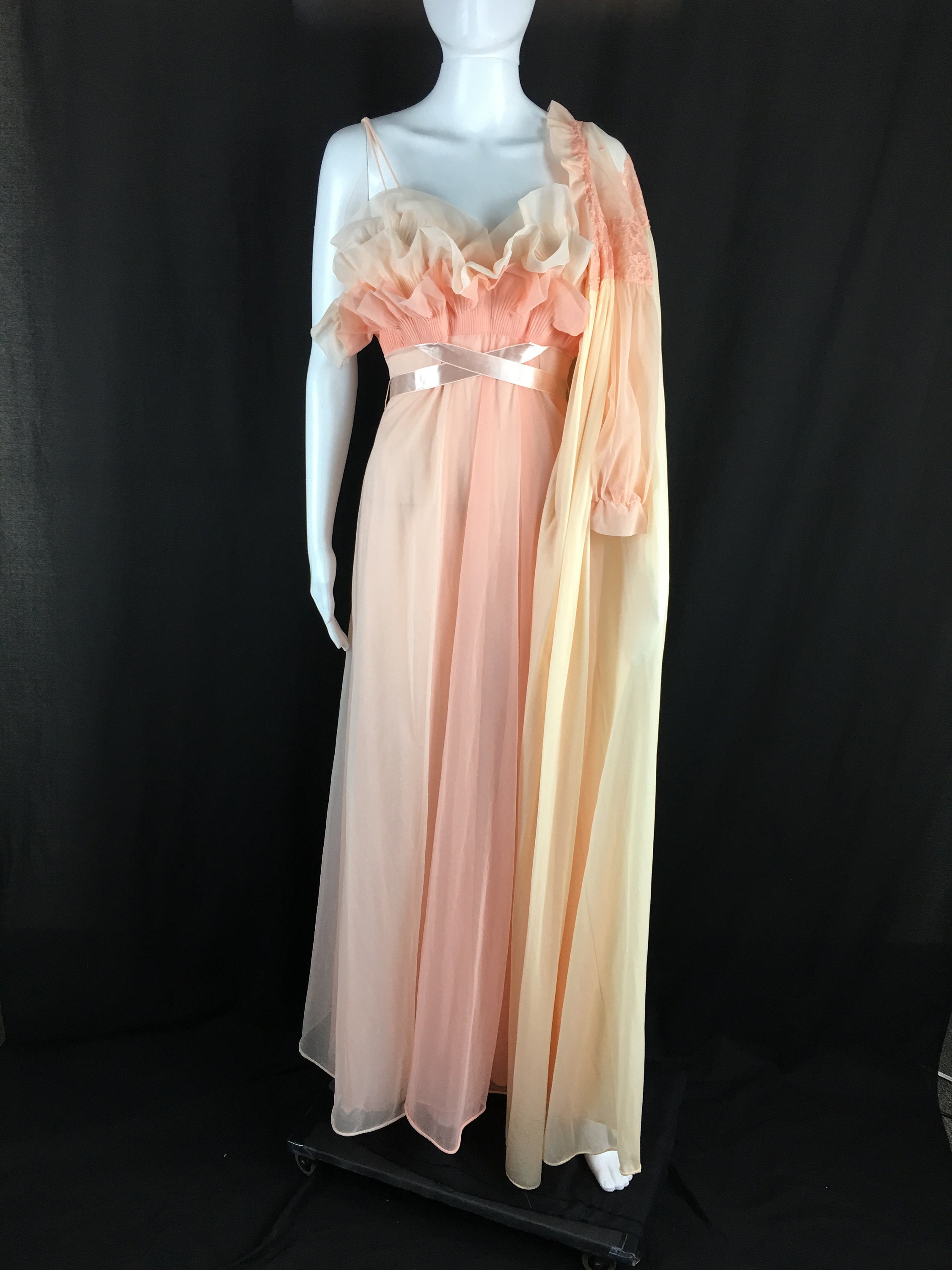 Vintage Peignoir Set Peach Ruffles Robe and Gown 50’s/60’s (SKU 10346CL)