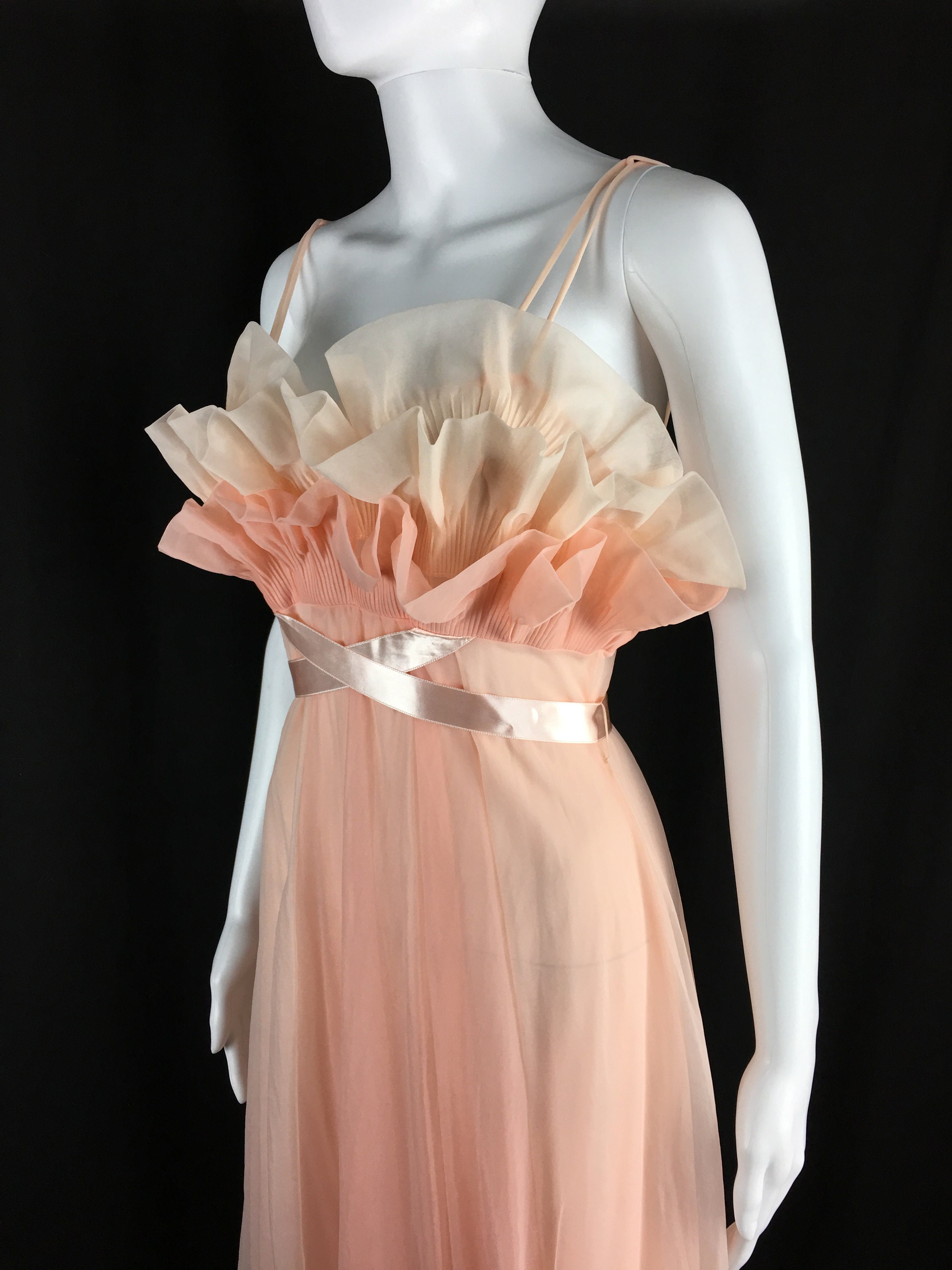 Vintage Peignoir Set Peach Ruffles Robe and Gown 50’s/60’s (SKU 10346CL)