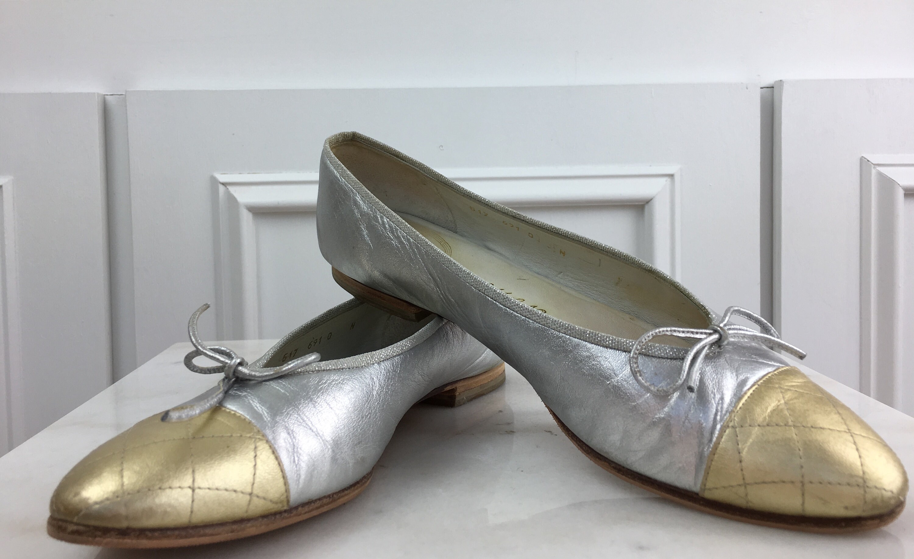 Gold and Silver Metallic Cap Toe Quilted Leather Delman Ballet Flats ...