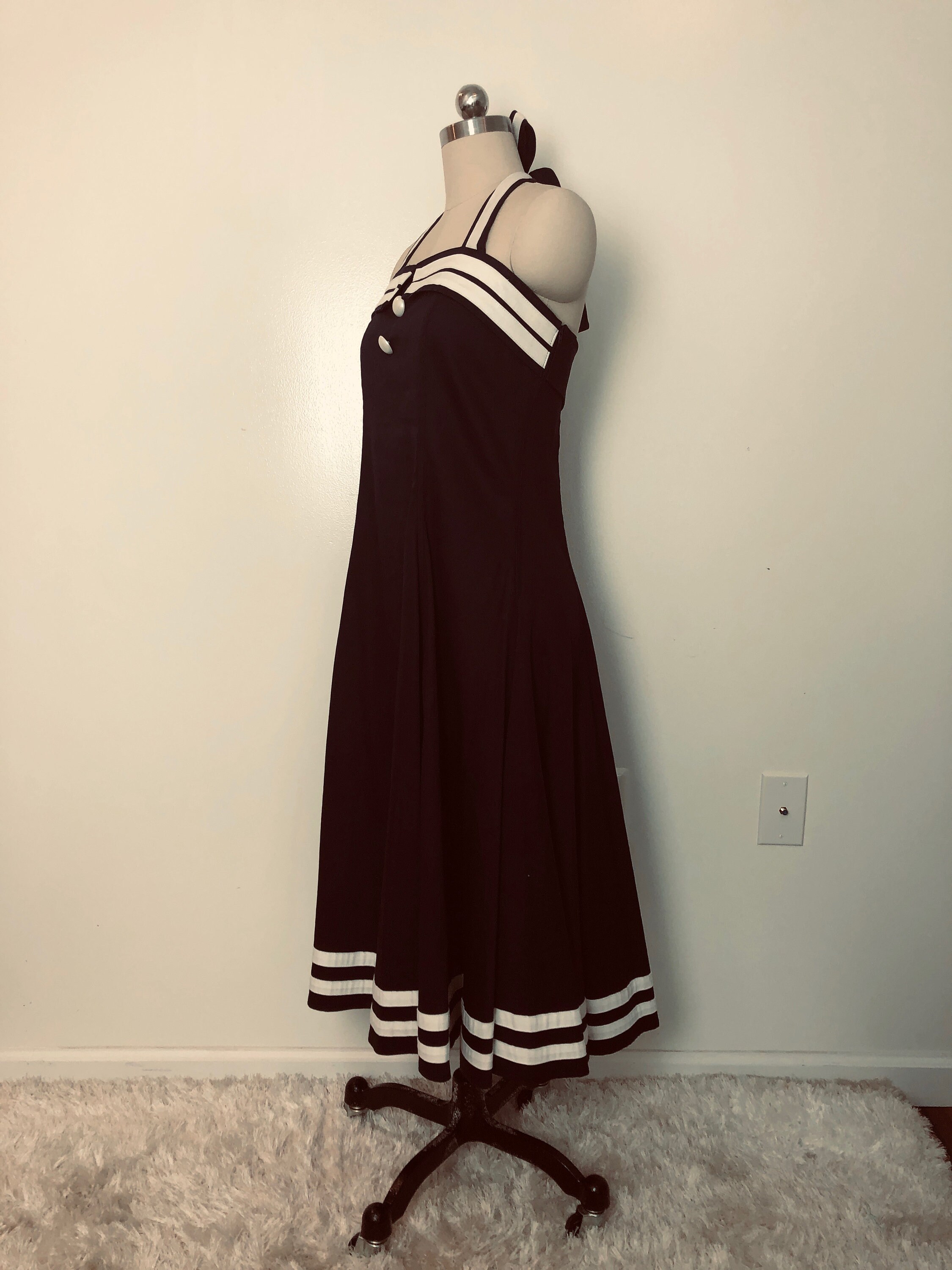 Collectif London Vintage Navy and White Fit and Flare Sailor Nautical ...