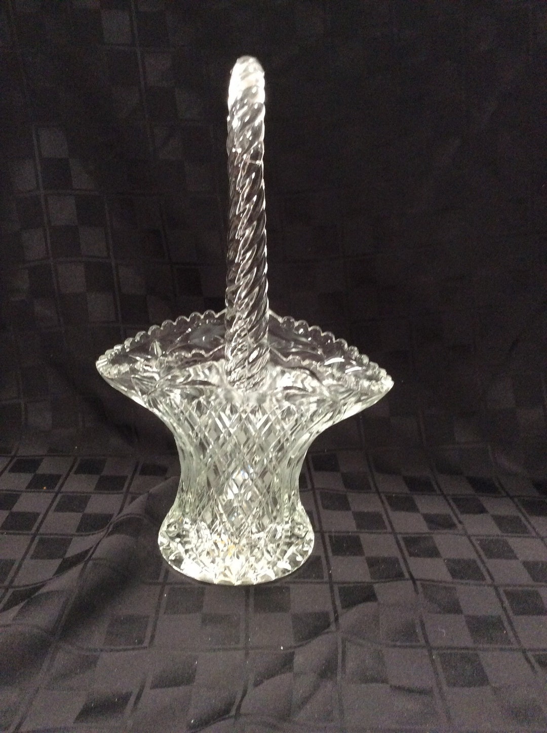 Vintage Pressed Glass Bride 7" Basket Vase With Ground Flowers & Criss ...