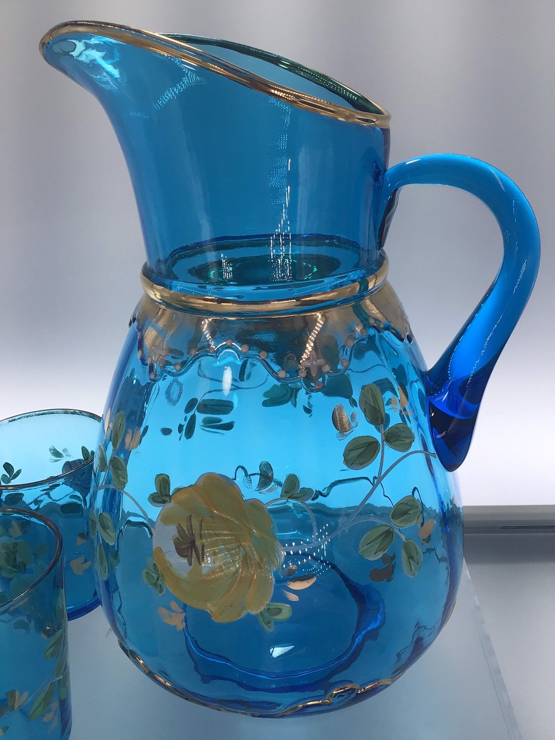 Vintage Hand Painted Pitcher & Glass Set | Aqua Blue W/6 Drinking Cups ...