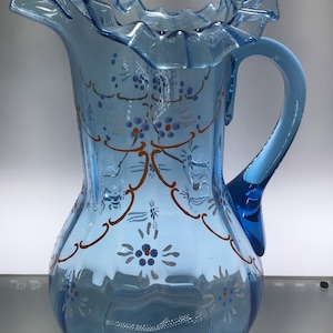 Vintage Hand Painted Floral Glass Pitcher | Choose From: Green Ruffled ...