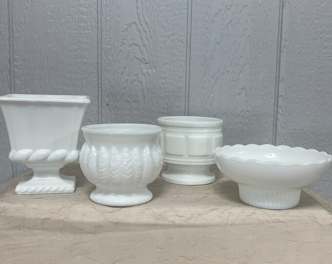 Vintage White Milk Glass Pedestal Planter, Footed Planter Bowl, White ...
