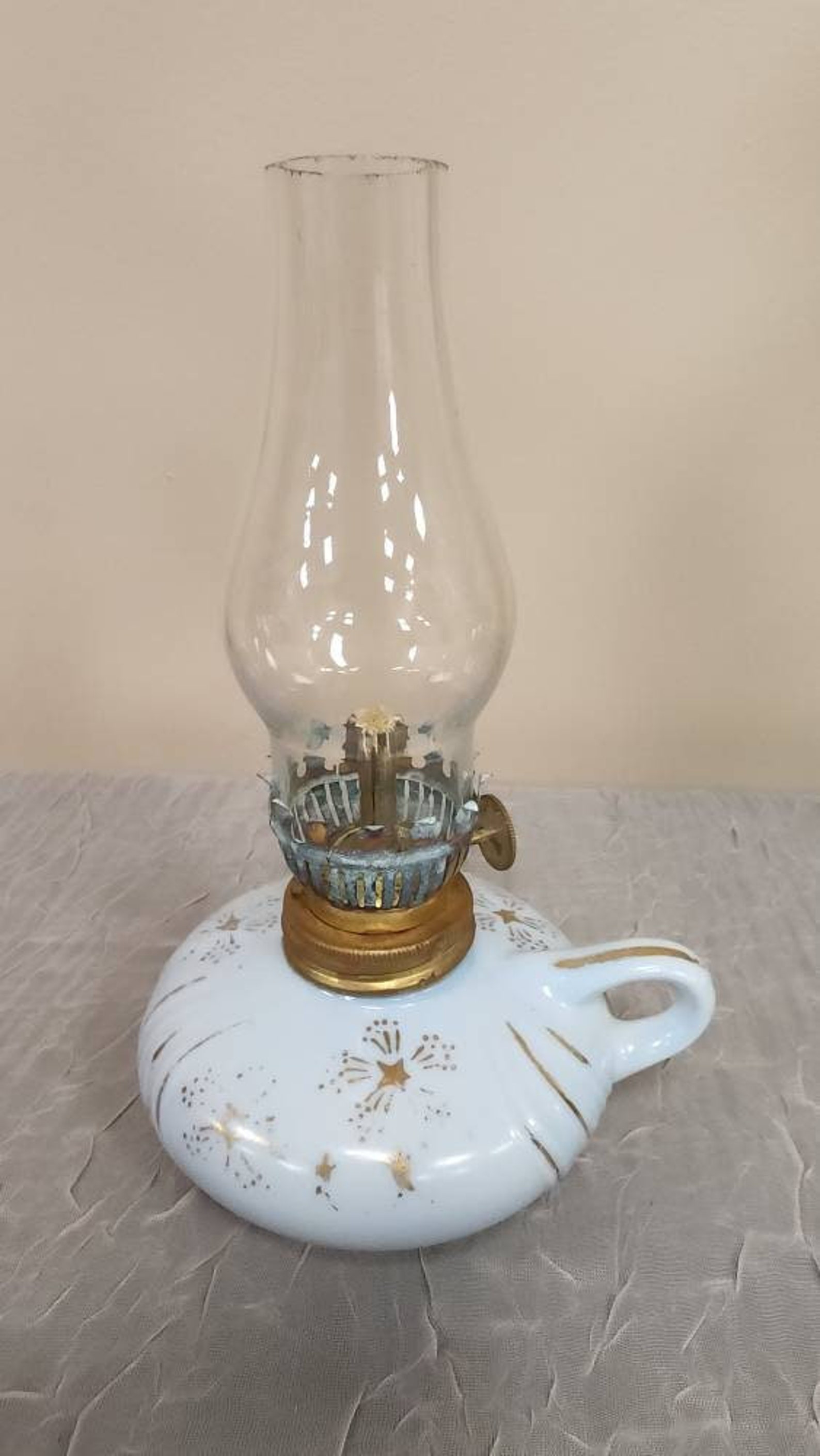 Vintage Miniature Single Handled Oil Lamp | Blue Glass Lamp | Gold ...