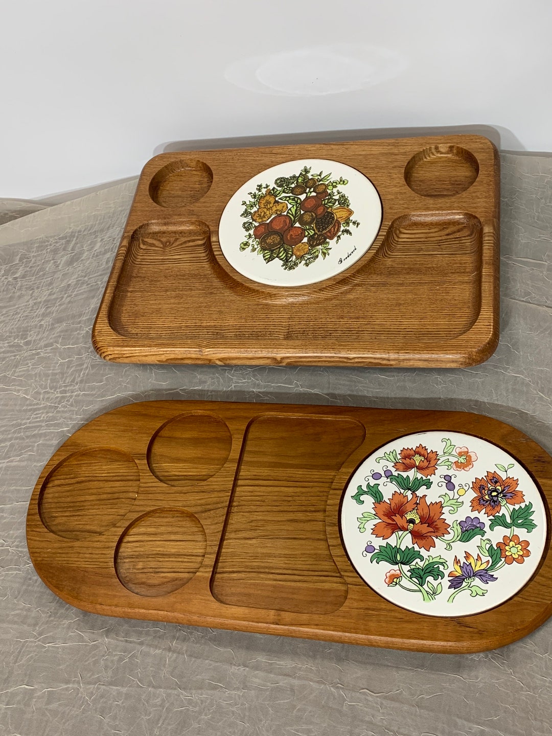 Vintage Wood & Ceramic Tile Meat/cheese Serving Tray/charcuterie Board ...