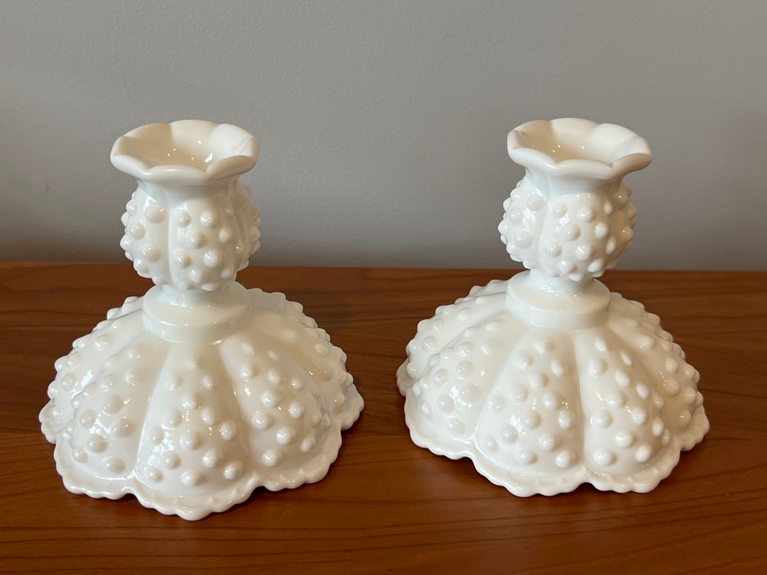 Vintage Fenton Hobnail Milk Glass Sawtooth Base Candle Sticks Unmarked ...