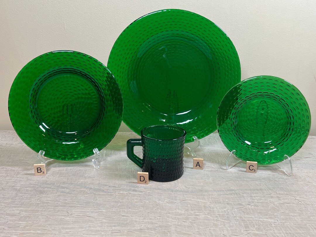 Vintage Emerald Green Oval Hobnail Mid-century Glass Dinnerware ...