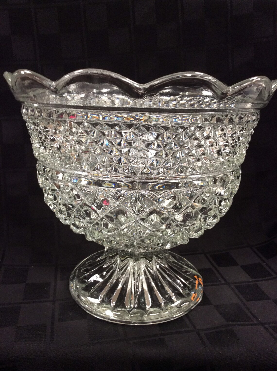 Vintage Pressed Glass Compote | Scalloped Edge | Diamond Cut Pattern ...