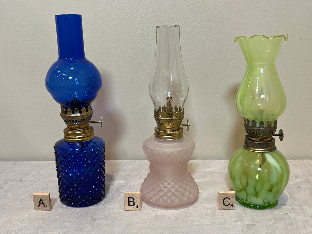 Miniature Oil Lamp | Choose From: Blue Hobnail W/blue Shade, Pink Satin ...