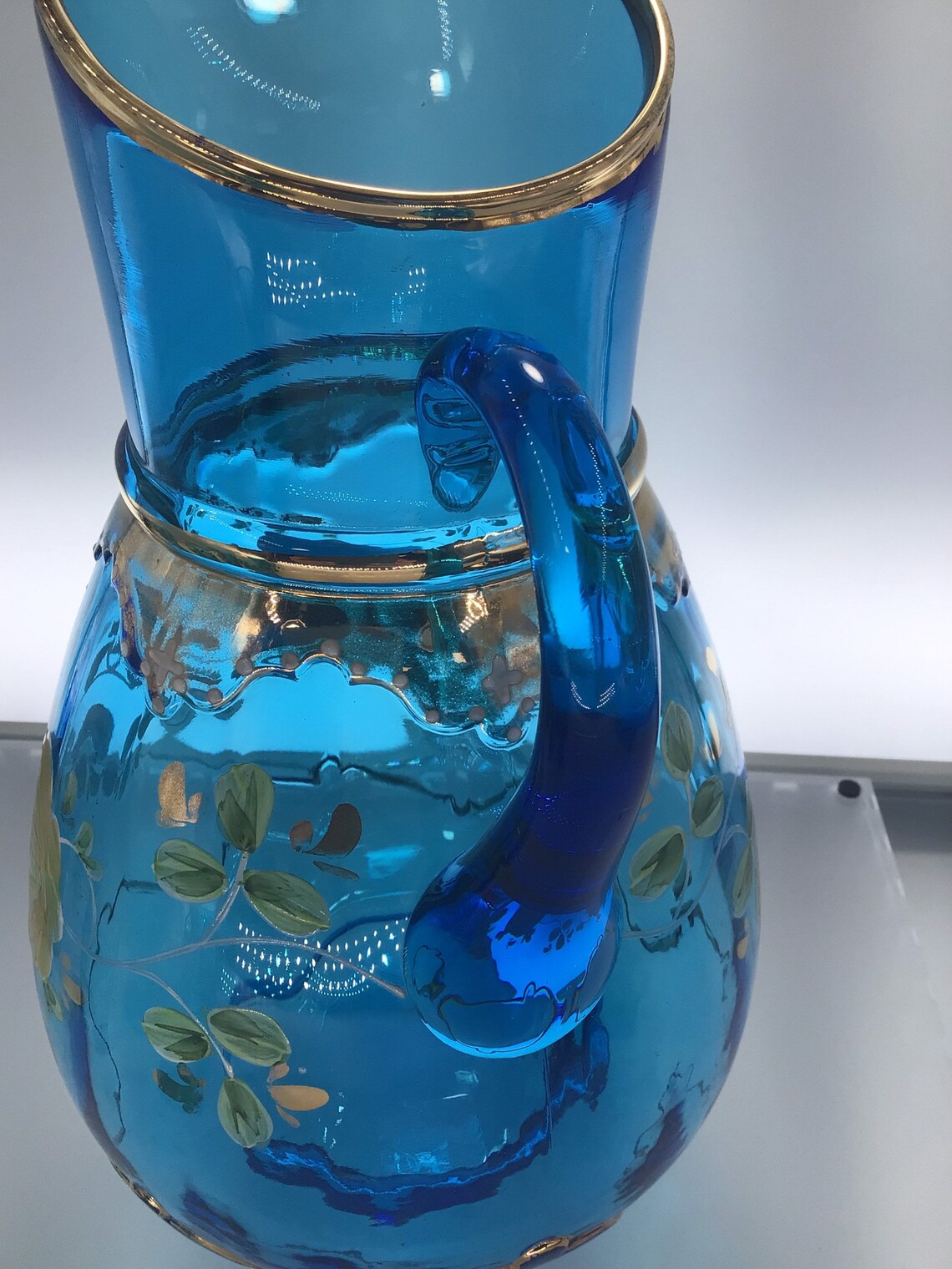 Vintage Hand Painted Pitcher & Glass Set Aqua Blue W/6 | Etsy