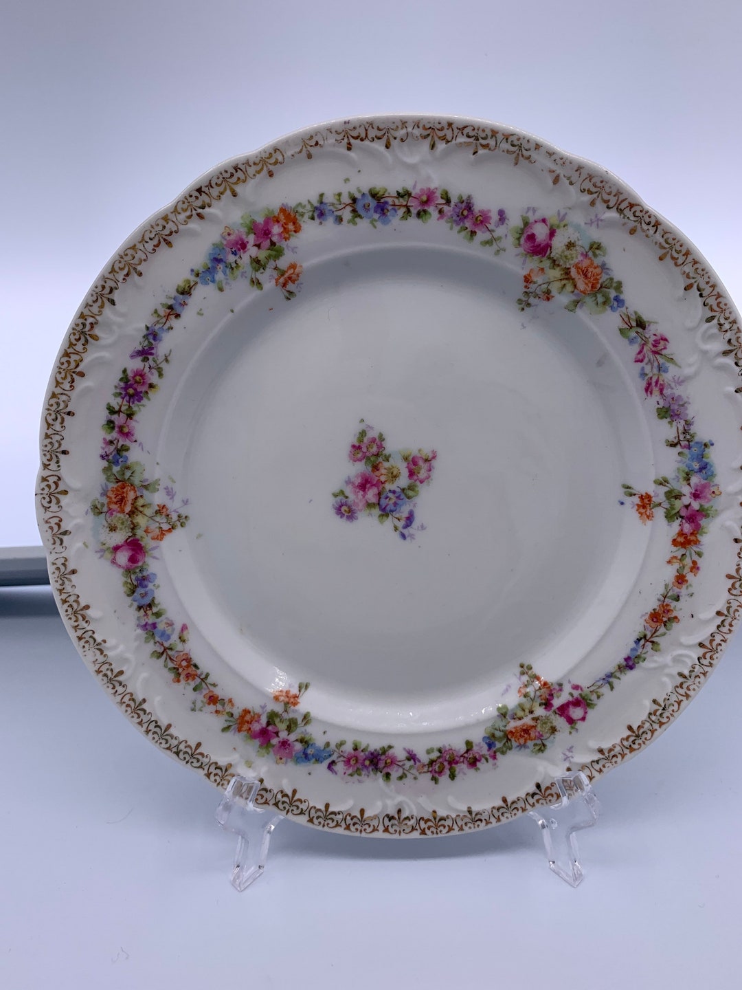 Set of 3 Hand Painted Floral 8" Scalloped Edge Plate W/gold Gilding off ...