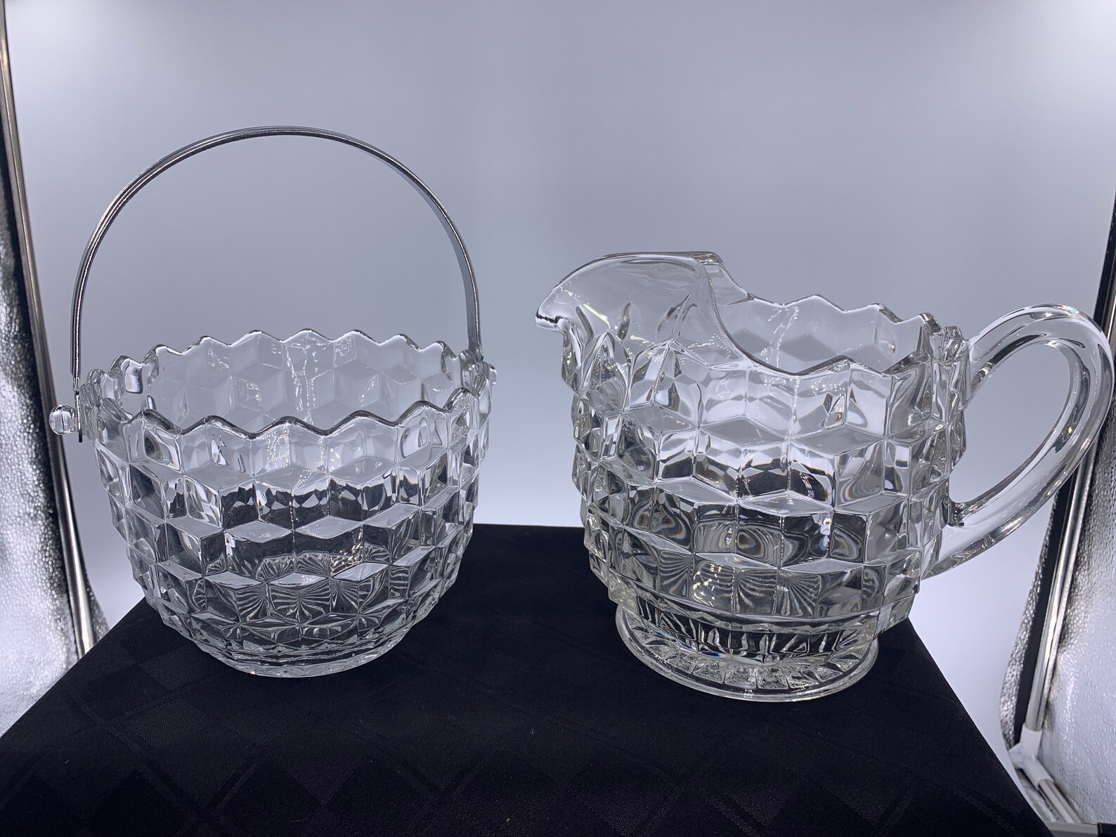 Vintage Fostoria Glass American Cubic Pattern Heavy Ice Lip Pitcher or ...