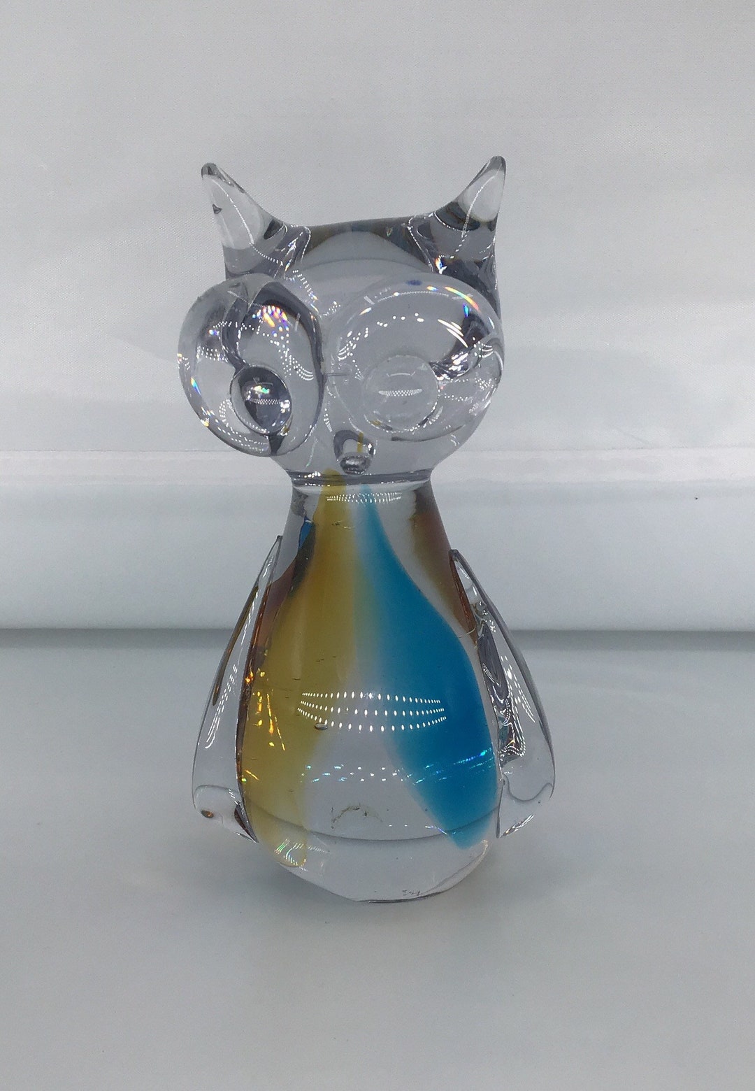 Vintage Hand-blown Crystal Owl Figurine Paperweight Blue & Yellow Glass ...