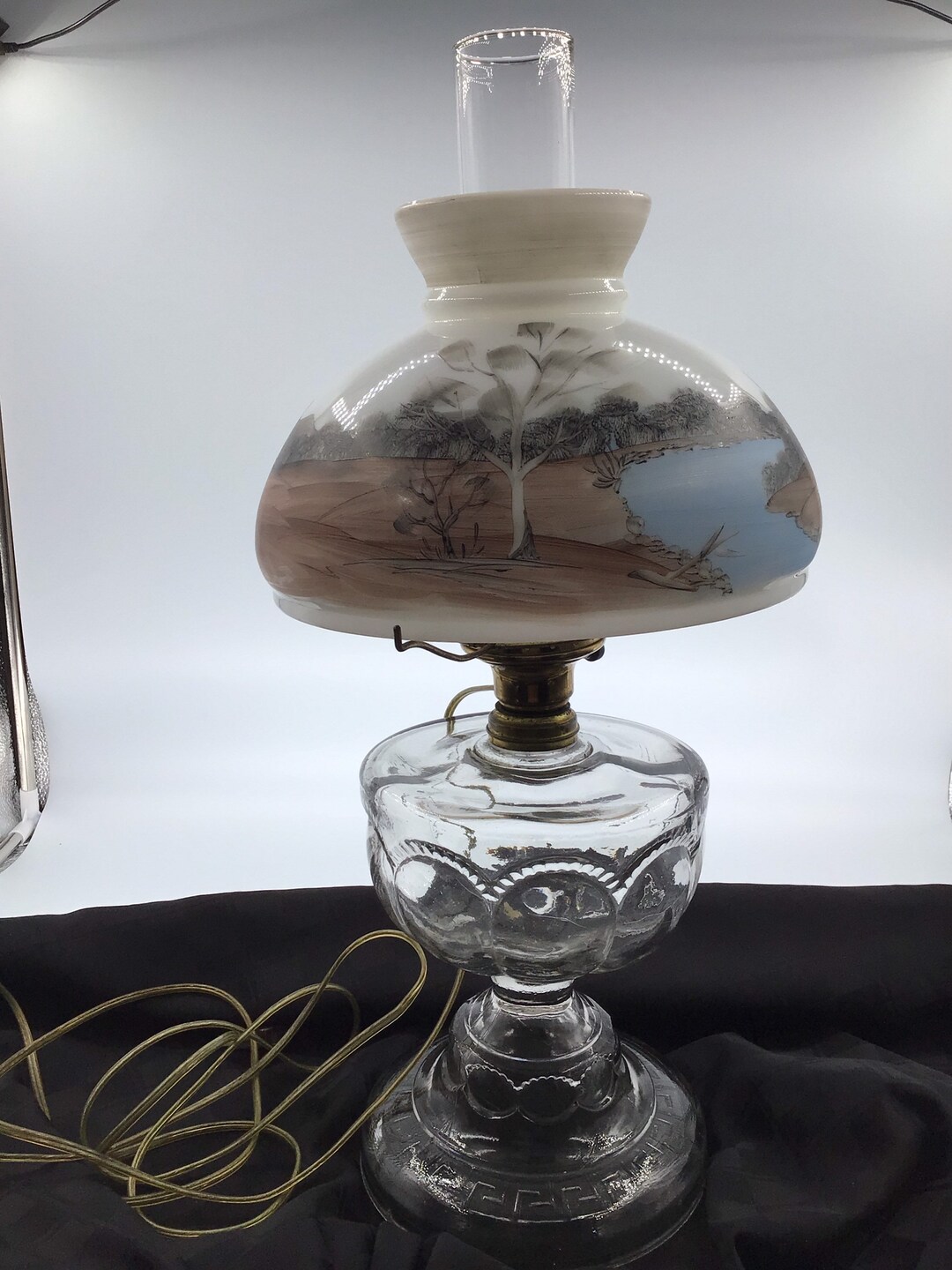 Vintage Pressed Glass Oil Lamp/electric Conversion W/hand Painted ...