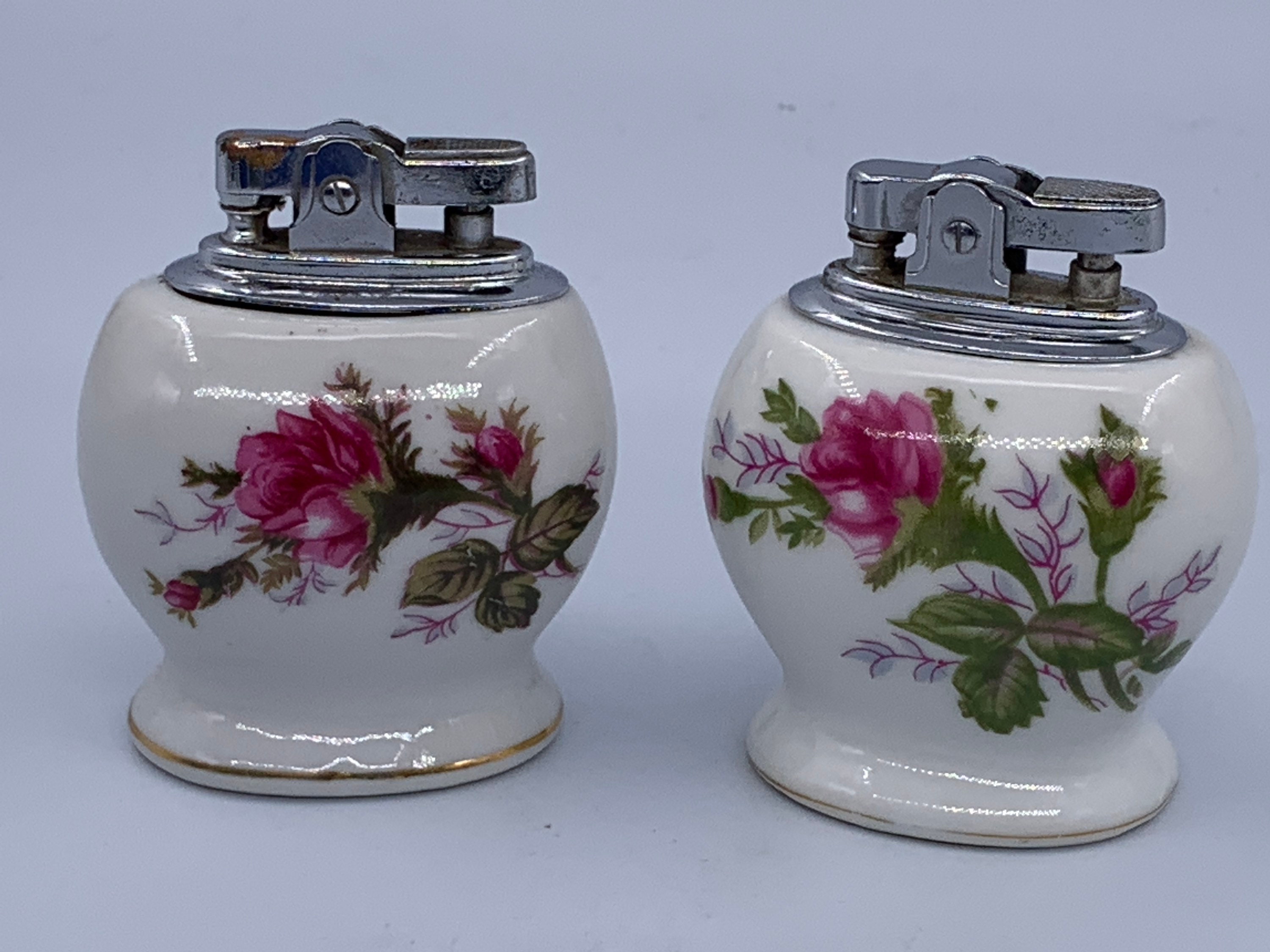 Vintage Table Top Cigarette Lighter, Roses, Silver | Made in Japan