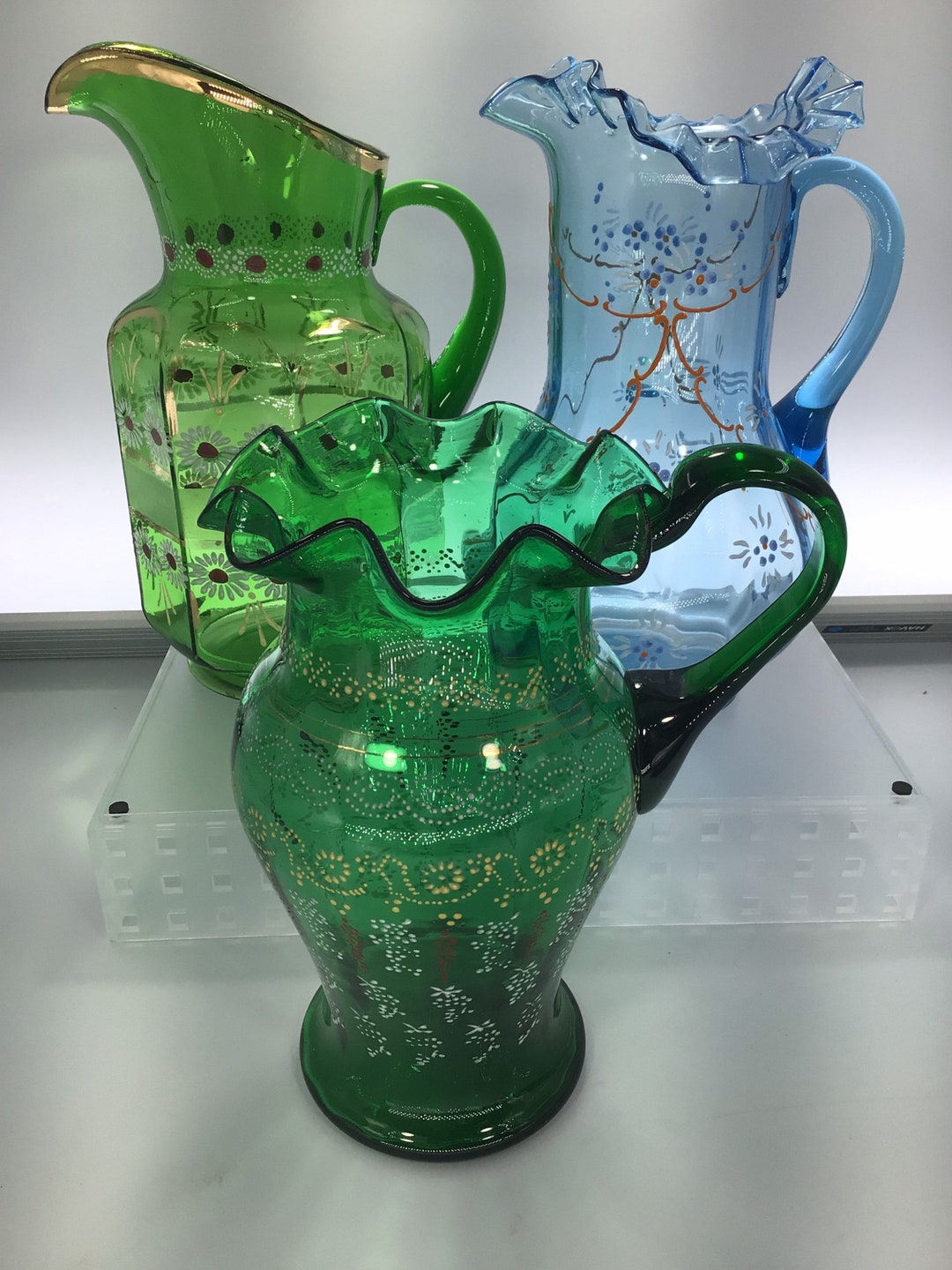 Vintage Hand Painted Floral Glass Pitcher | Choose From: Green Ruffled ...