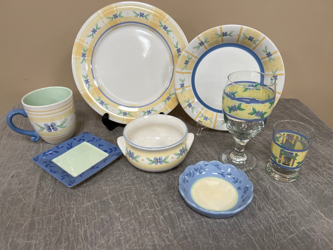 Vintage Pfaltzgraff Stoneware Yellow Plaid & Blue Floral "summer Breeze ...