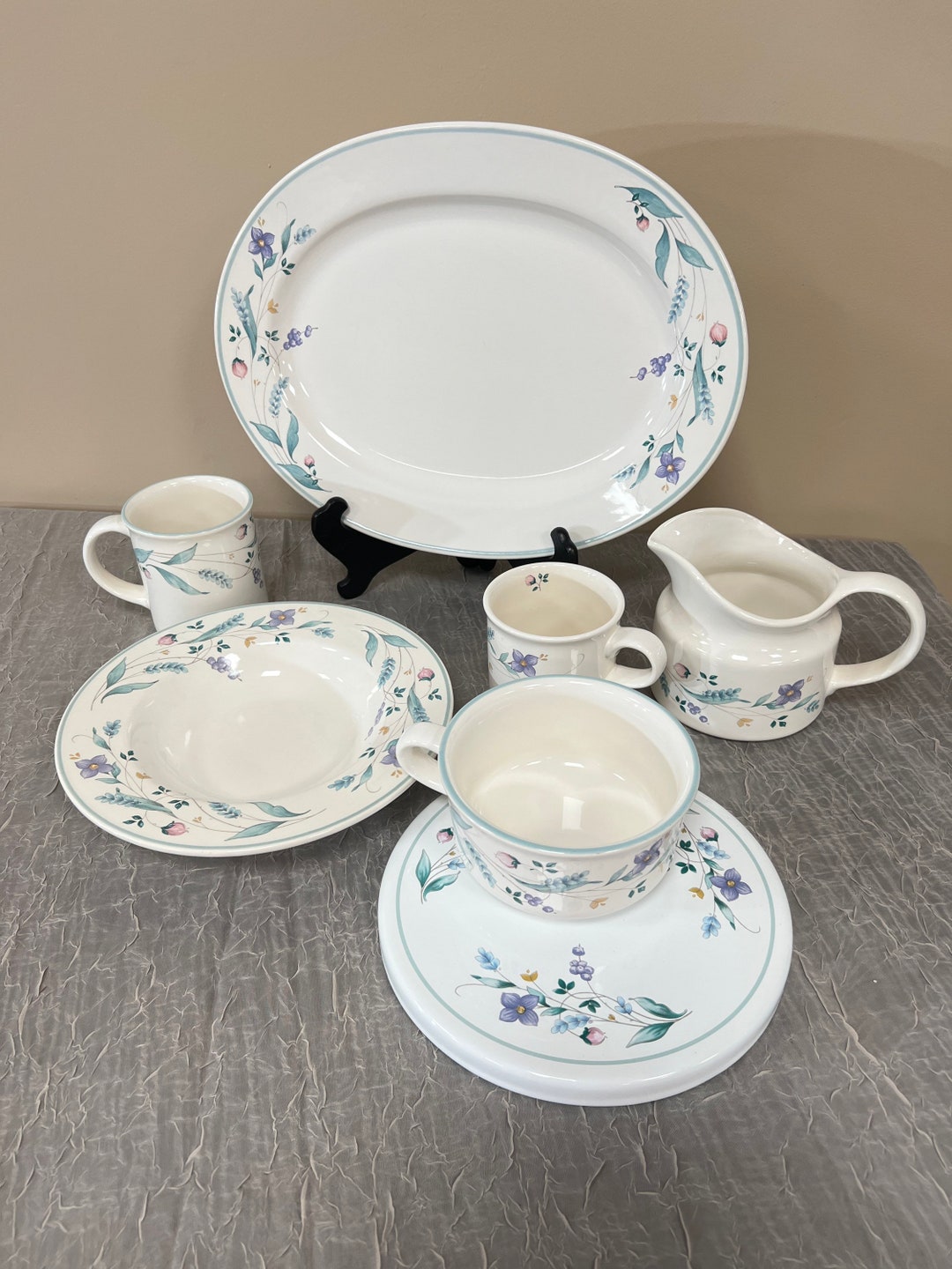 Vintage Pfaltzgraff Stoneware Floral on Rim W/aqua Trim "april ...