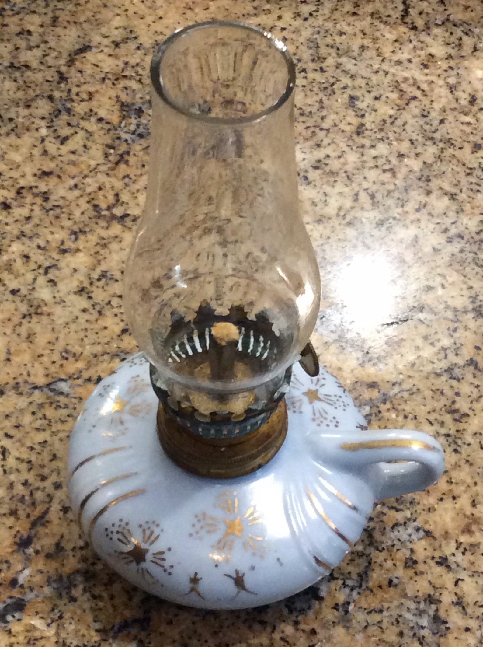Vintage Miniature Single Handled Oil Lamp | Blue Glass Lamp | Gold ...