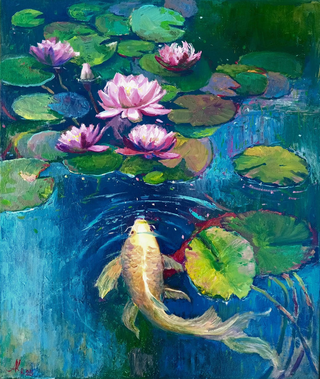 Water Lily With Koi Fish Painting Monet Pond Landscape Oil Painting - Etsy