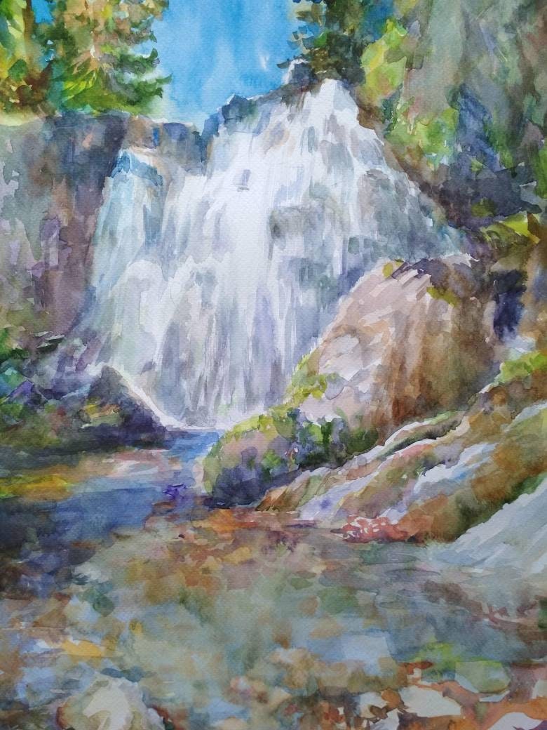 Original Watercolor Waterfall Landscape Painting: Green Forest Wall Art ...