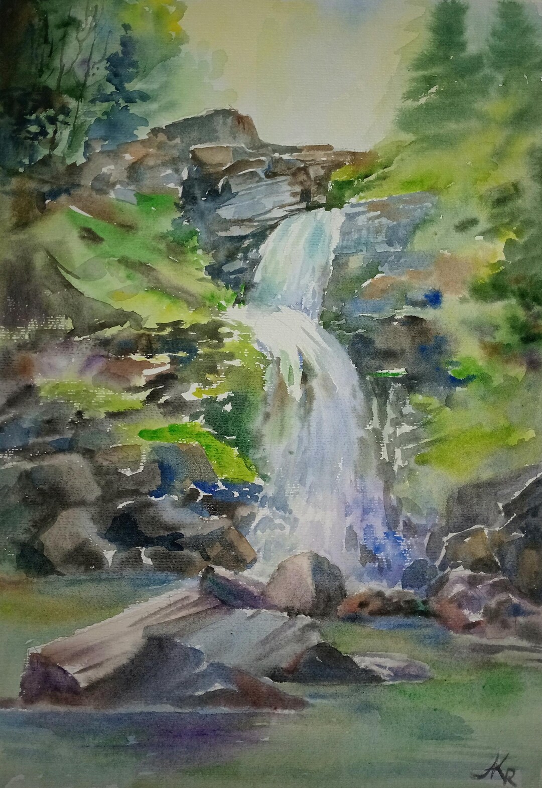 Original Waterfall Watercolor Painting: Landscape Home Decor (11x16 ...
