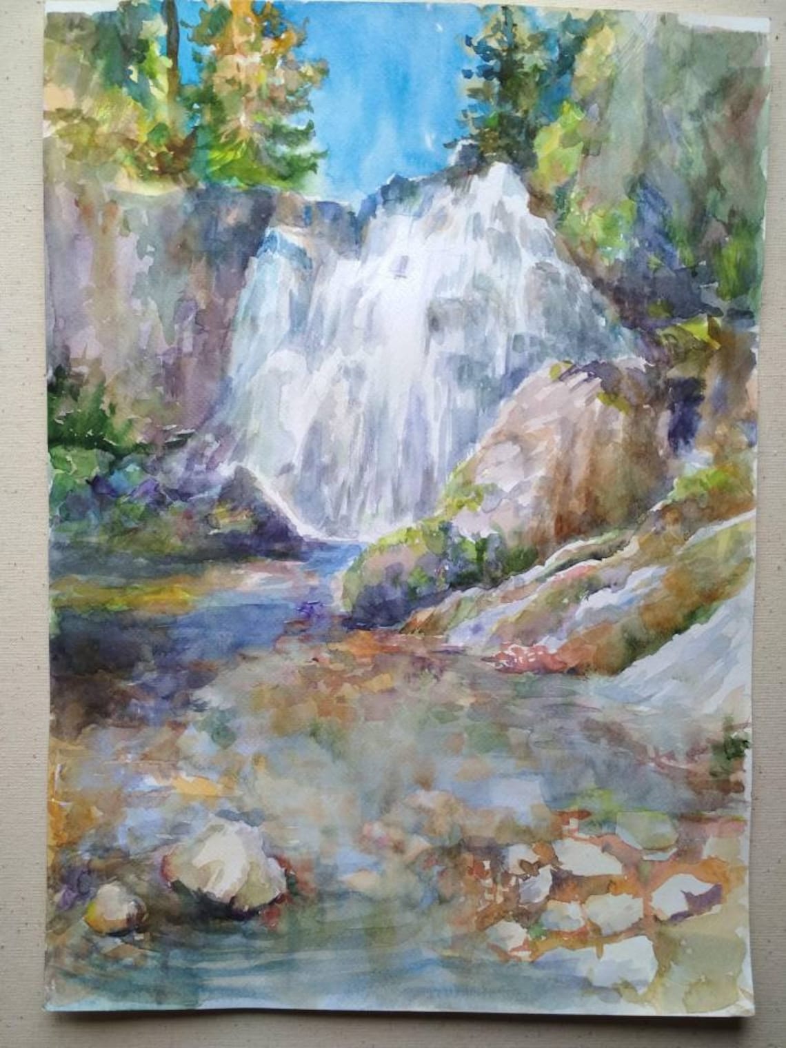 Waterfall painting Watercolor landscape art Waterfall wall | Etsy