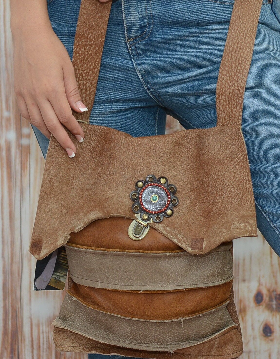 Brown Leather Crossbody Purse Grey Leather Bag Over The | Etsy