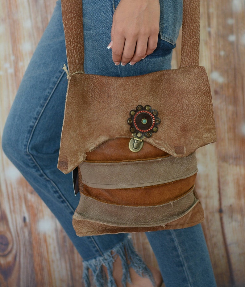 Brown Leather Crossbody Purse Grey Leather Bag Over The | Etsy