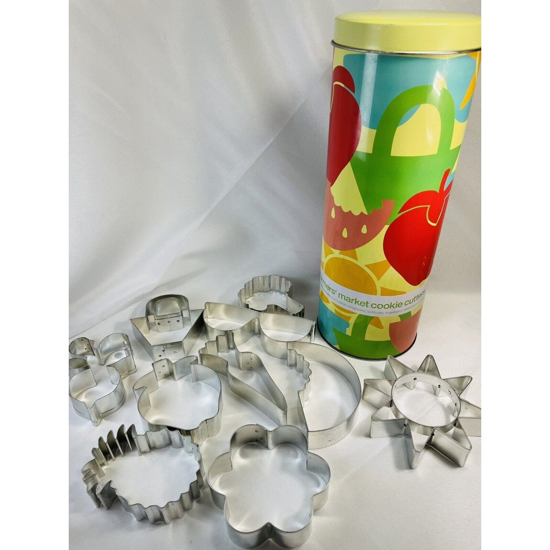 Set of 10 Crate & Barrel Metal Cookie Cutters Farmers Market With Tin ...