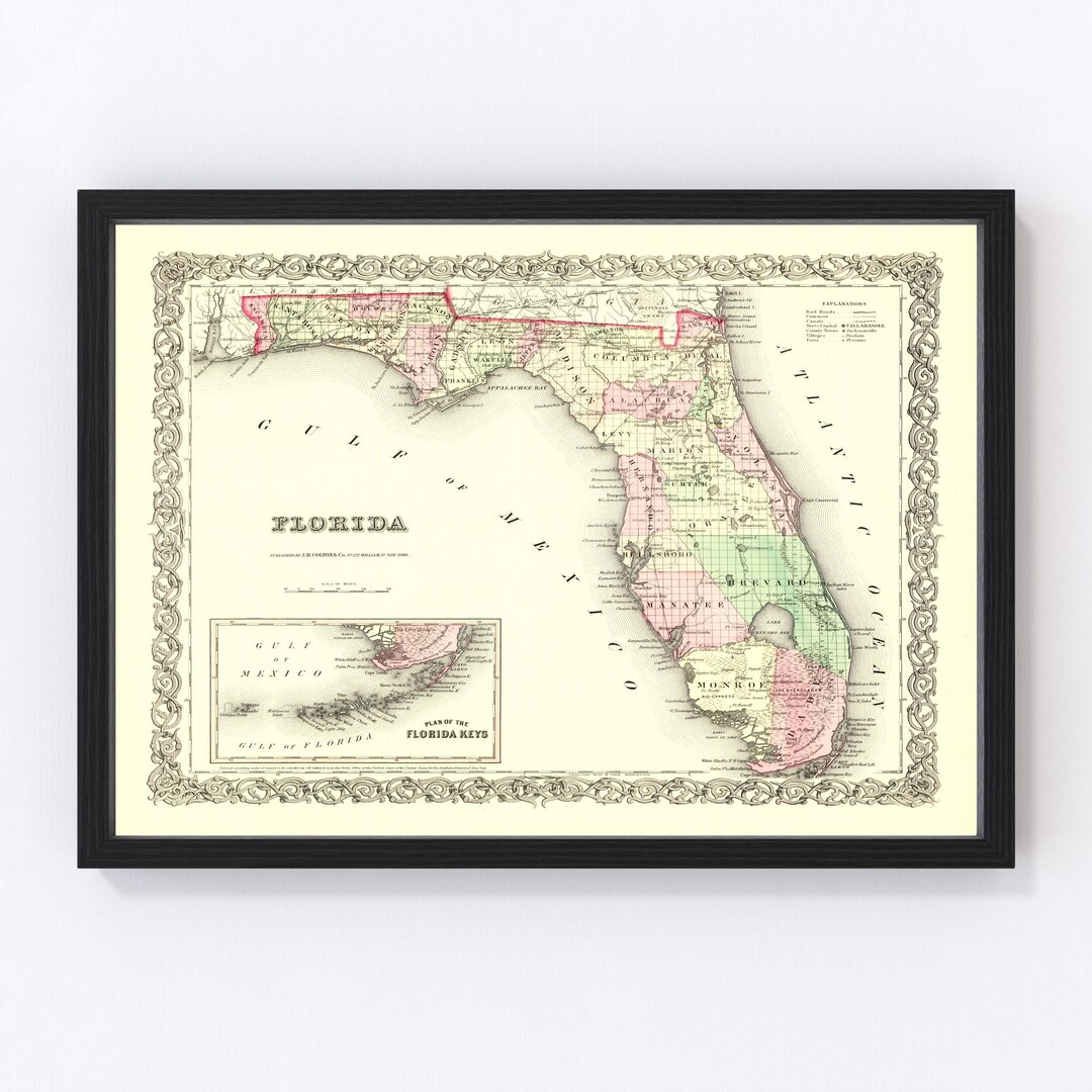 Florida Map 1855, Vintage Florida Map, Old Florida Art, Wall Art Gift ...