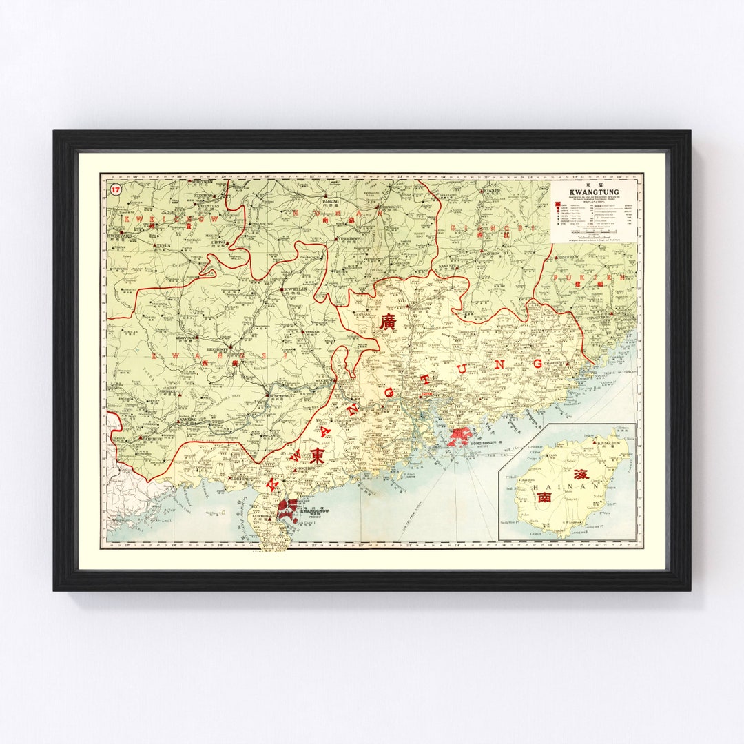 Kwangtung Chinga Map 1917 Old Map of Kwangtung Chinga China Art Vintage ...