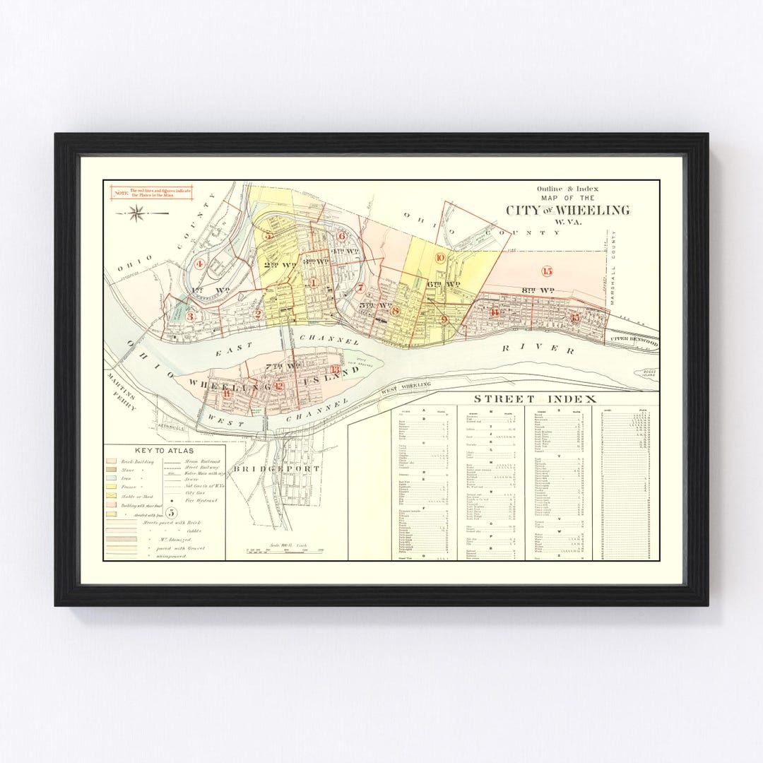 Wheeling Map 1901, Vintage Wheeling Map, Old Wheeling West Virginia Art ...