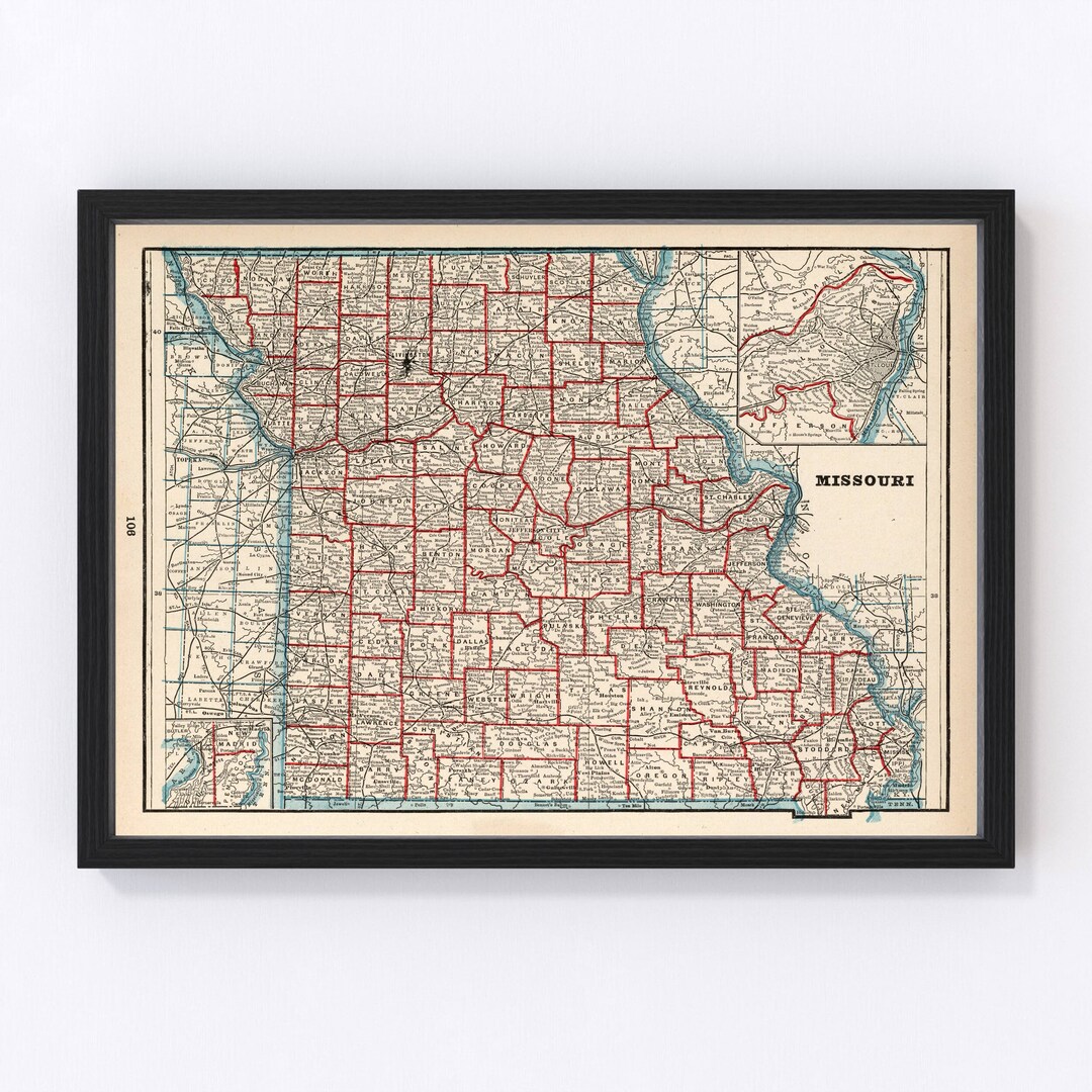 Missouri Map 1893 Old Map of Missouri Art Vintage Print Framed Wall Art ...