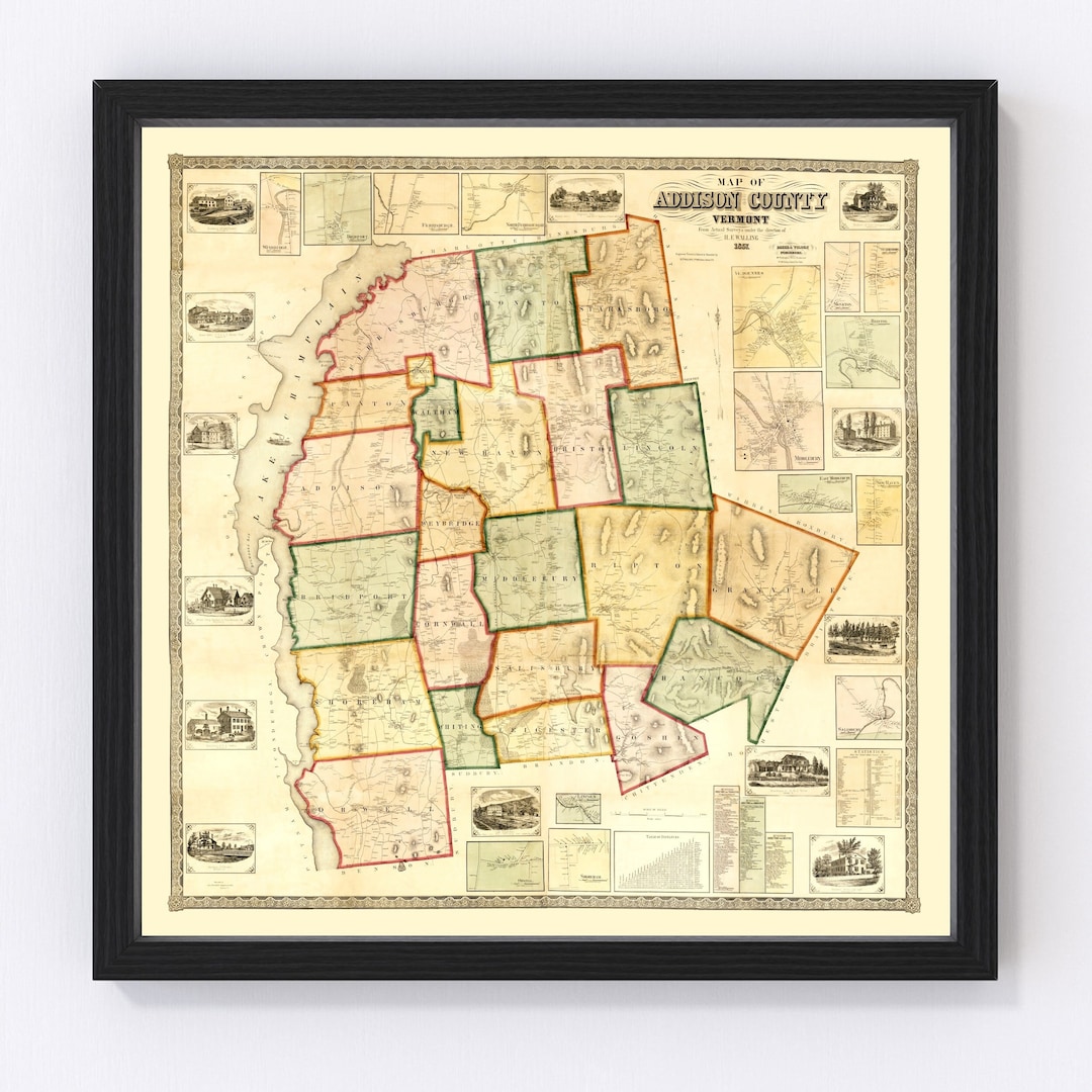 Addison County Map 1857, Vintage Addison County Map, Old Addison County ...