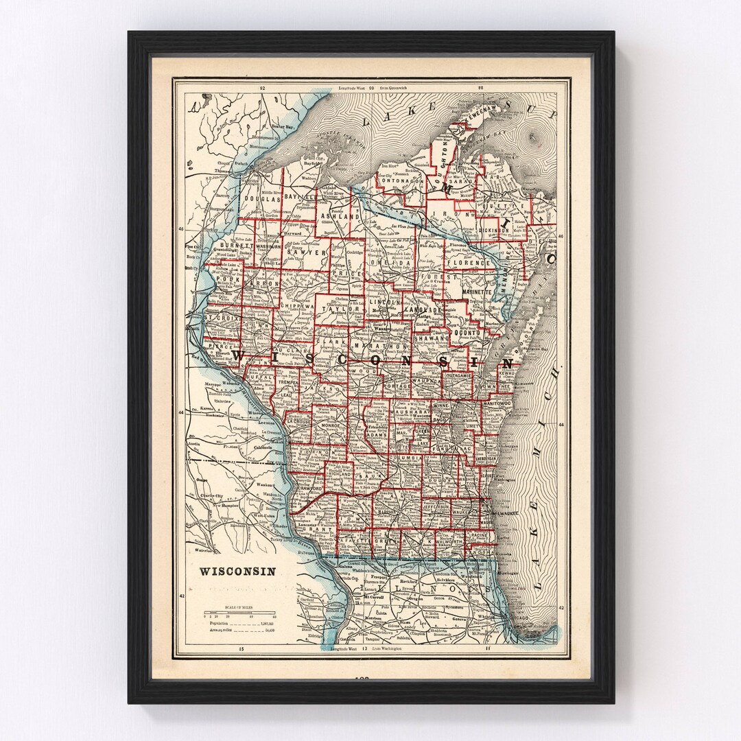 Wisconsin Map 1893 - Old Map of Wisconsin Art Vintage Print Framed Wall ...