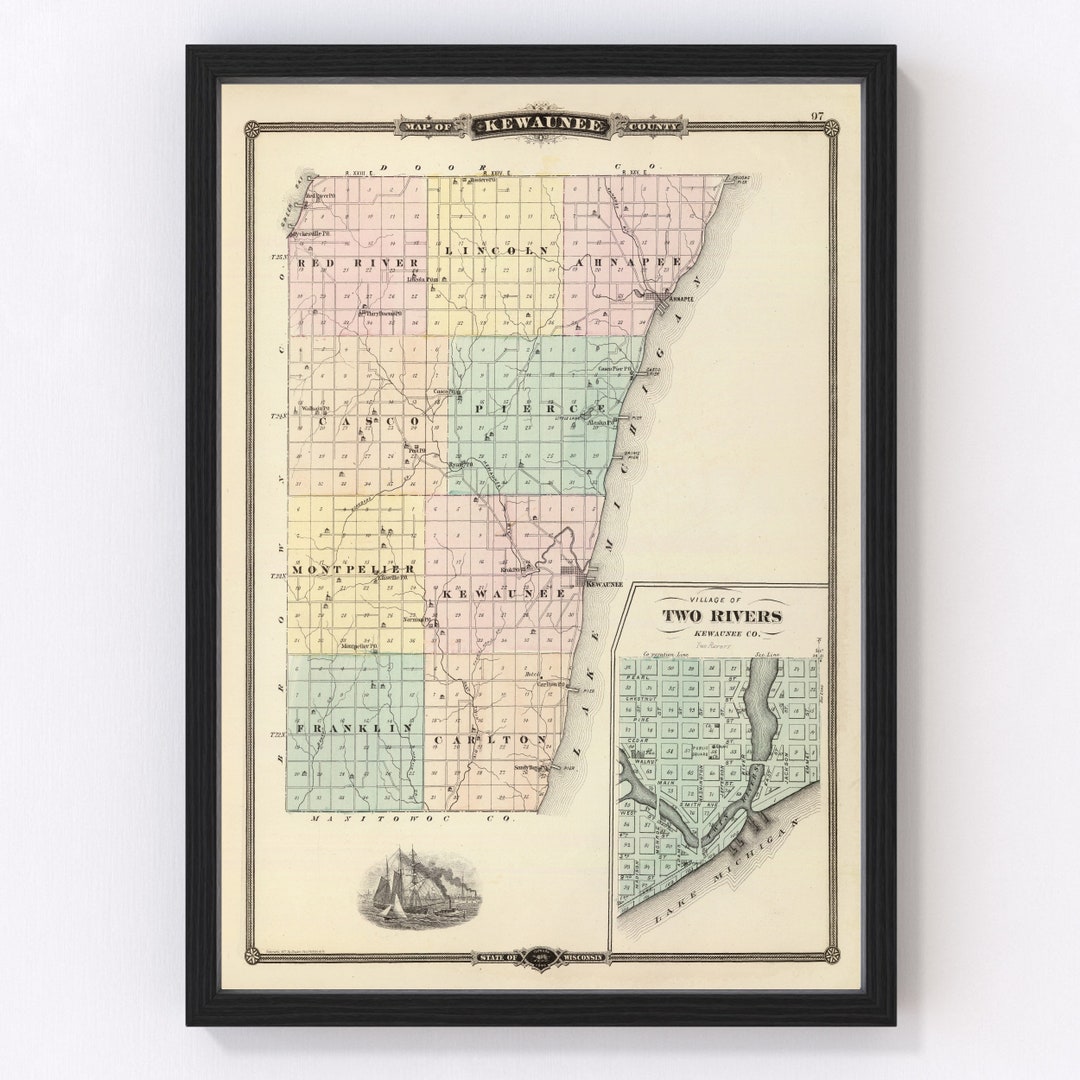 Kewaunee County Map 1878, Vintage Kewaunee County Map, Old Kewaunee ...